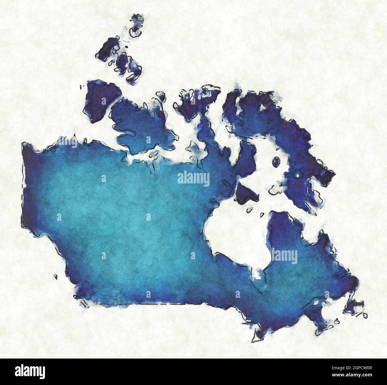 Canada map with drawn lines and blue watercolor illustration Stock ...