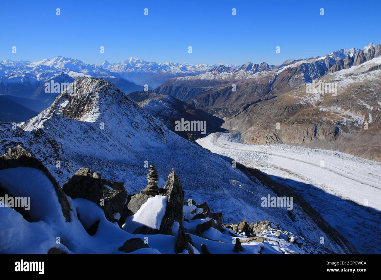Aletsch Glacier and distant view of the Matterhorn, Weisshorn and other ...