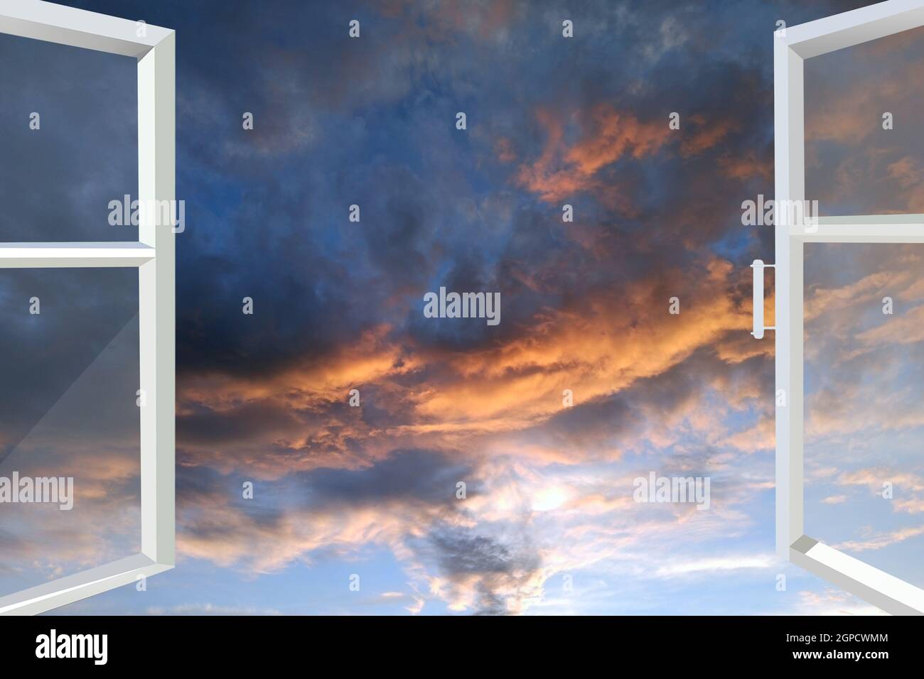 opened window with sunset clouds view. View from room window. Decline ...