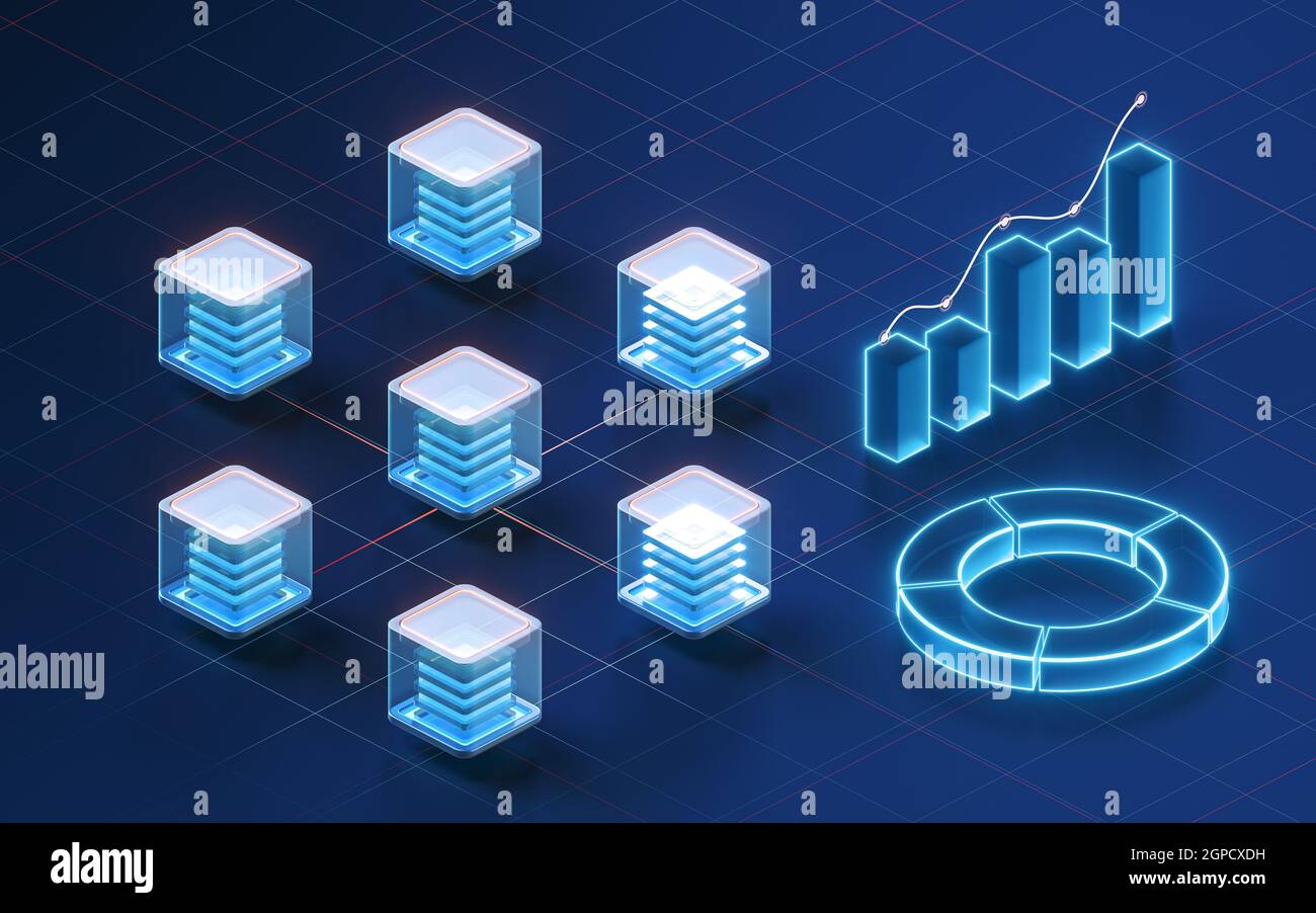 Block chains and graphical analysis , 3d rendering. Computer digital ...