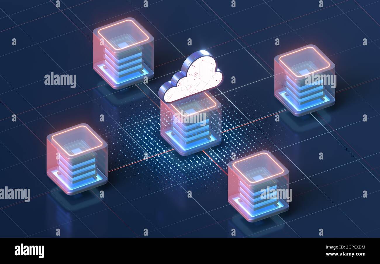 Block chains and cloud computing, 3d rendering. Computer digital ...