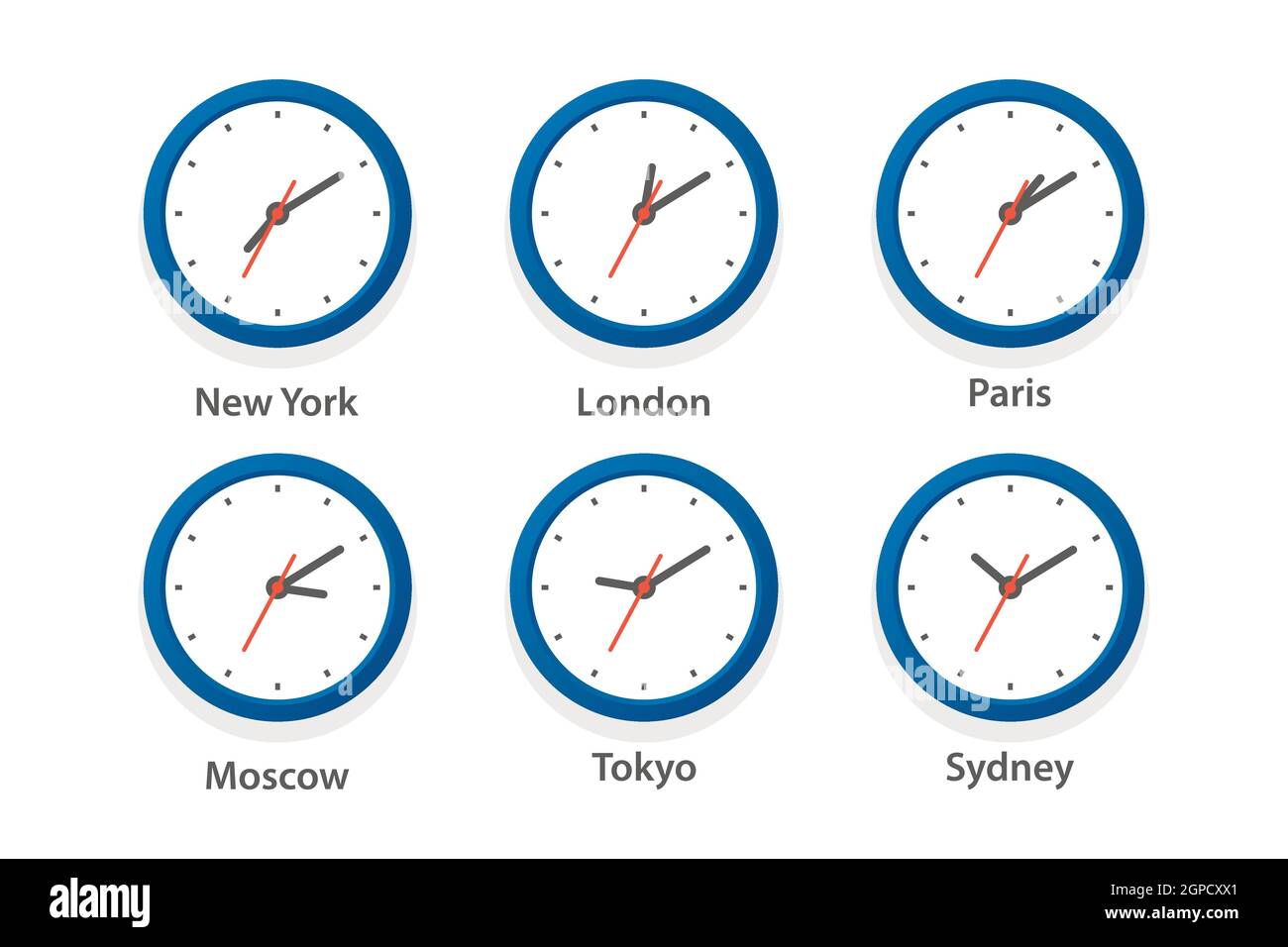 Flat Vector Wall Office Clock Icon Set. Time Zones of Different Cities ...