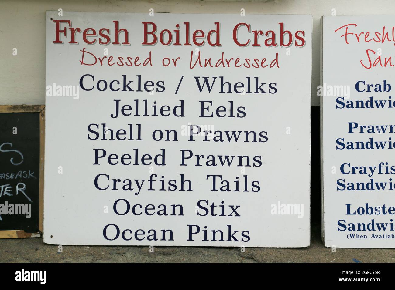 Seafood shop signs, in Sheringham on the North Norfolk coast Stock ...