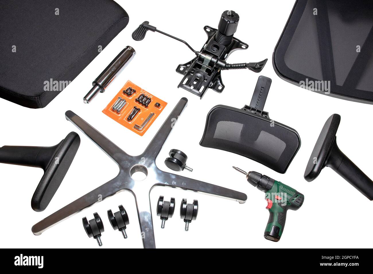 Components of an office chair. Closeup of a complete set of spare parts ...
