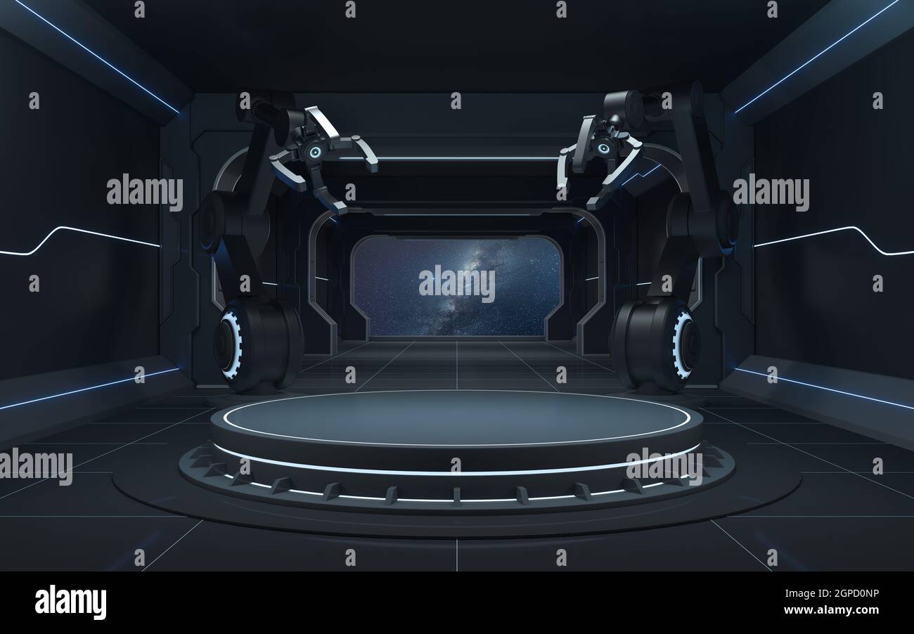 Empty stage and robotic arms, 3d rendering. Computer digital drawing ...
