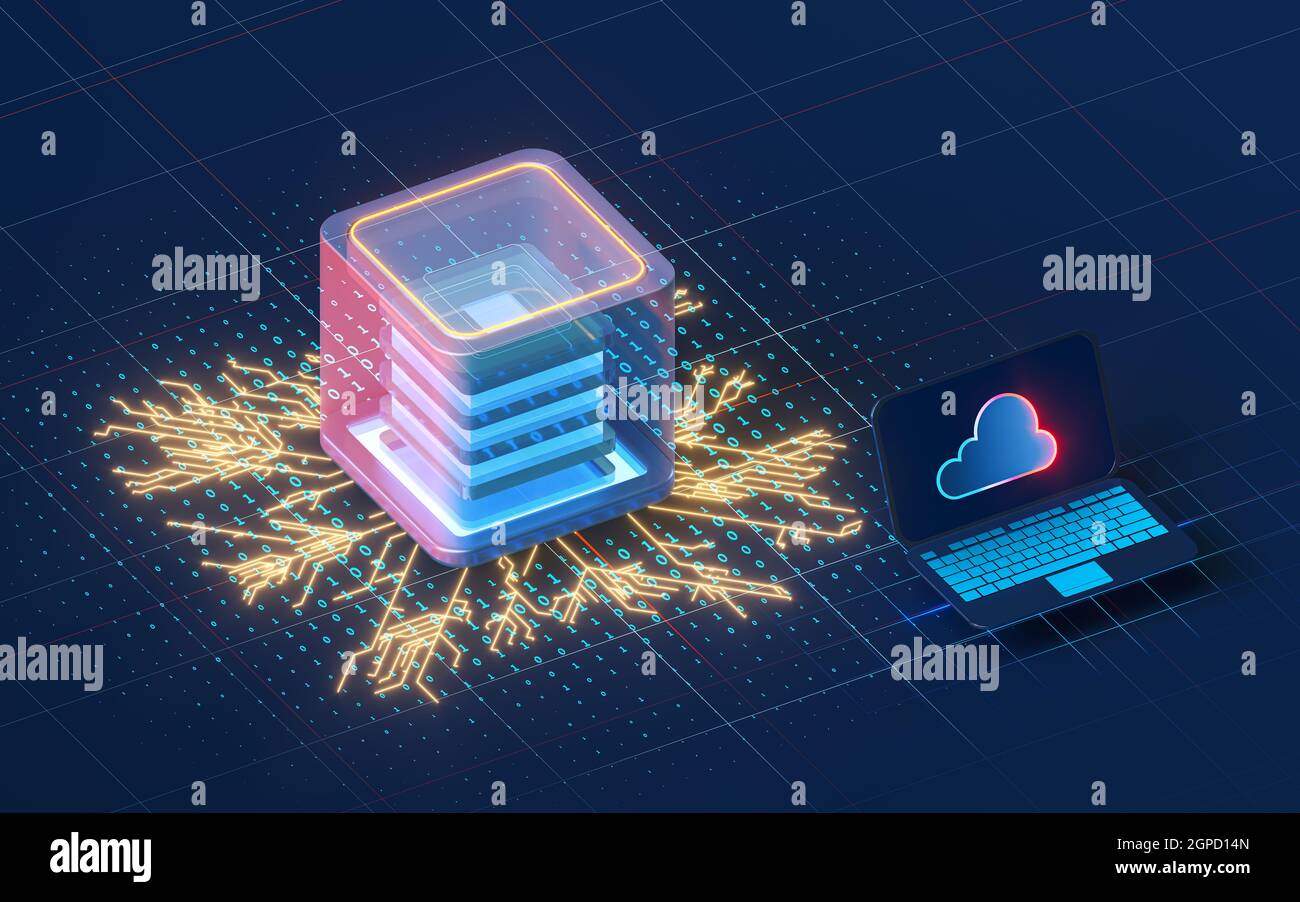 Cloud computing and laptop with dark background, 3d rendering. Computer ...