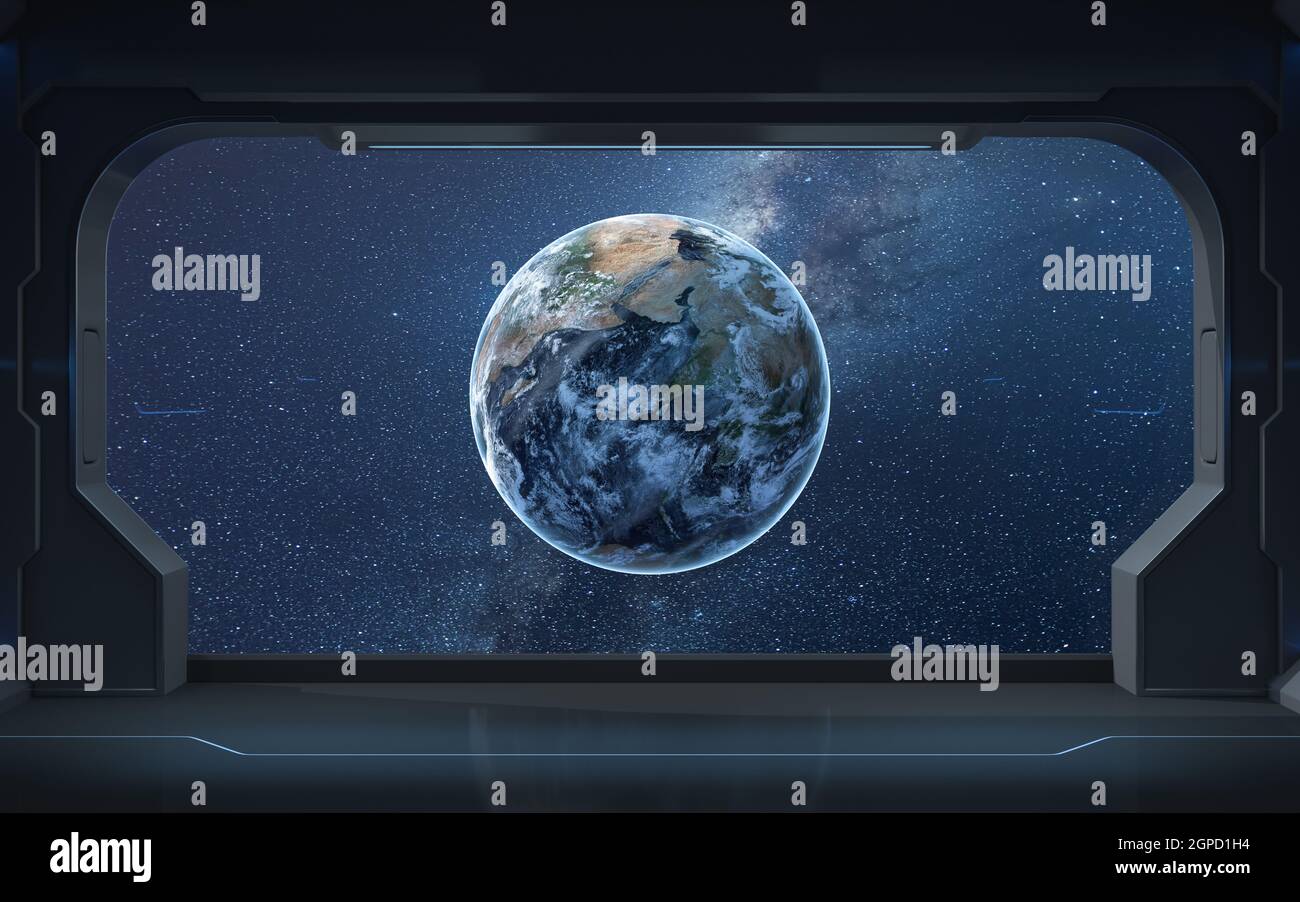 The earth from the view in the spacecraft, 3d rendering. Computer ...