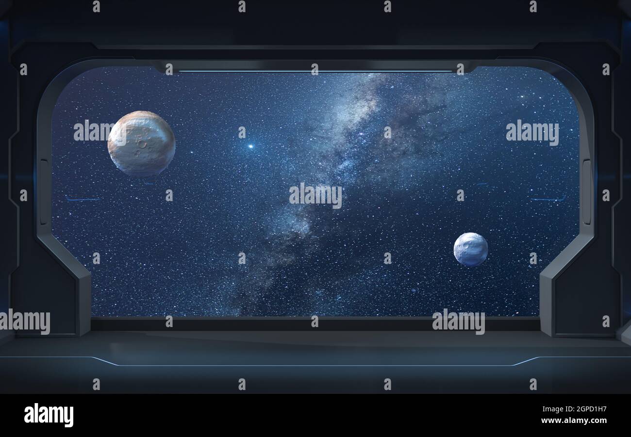 Planets and Milky Way from the view in the spacecraft, 3d rendering ...