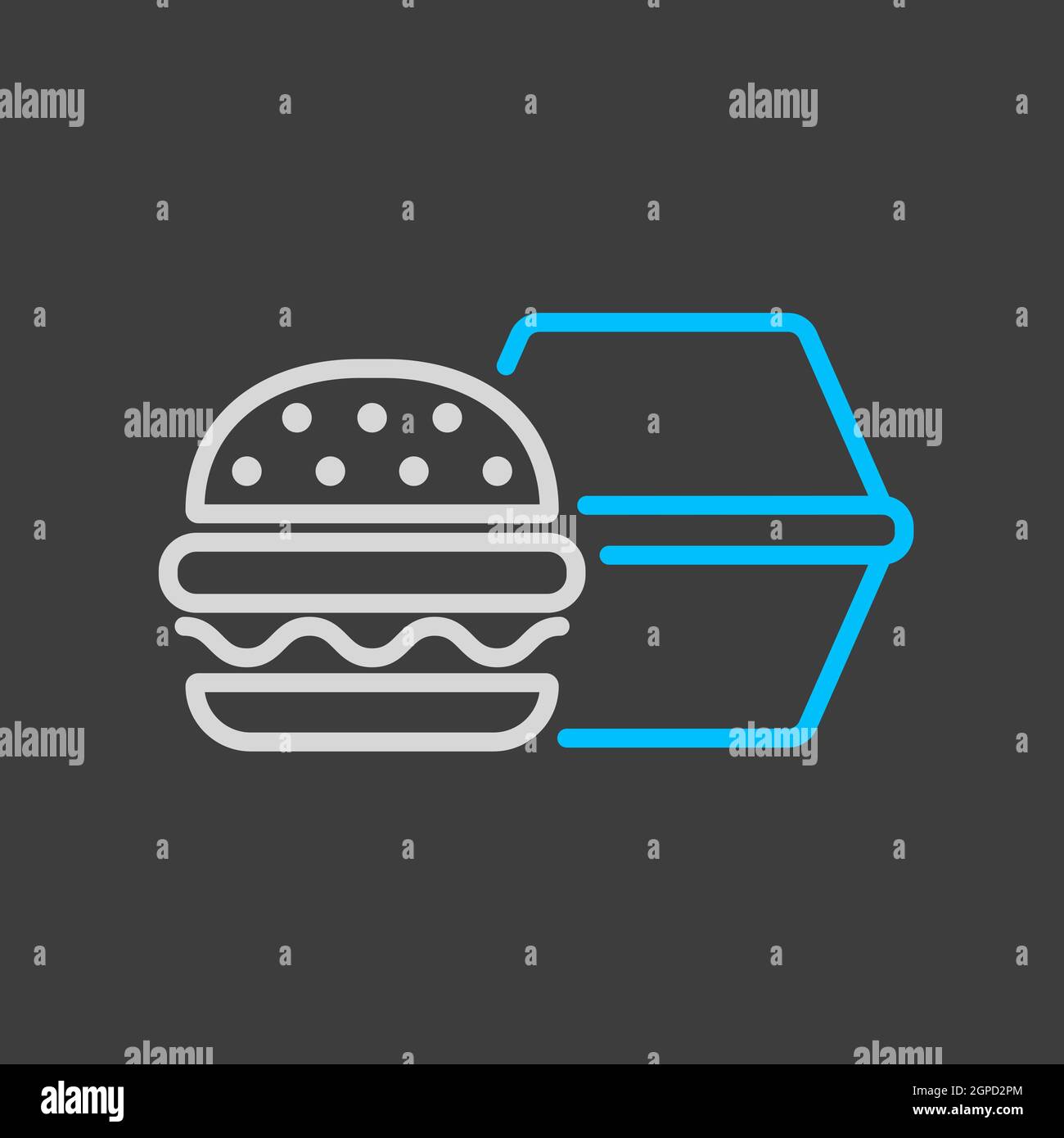 Burger with closed cardboard box vector icon. Delivery sign. Graph ...