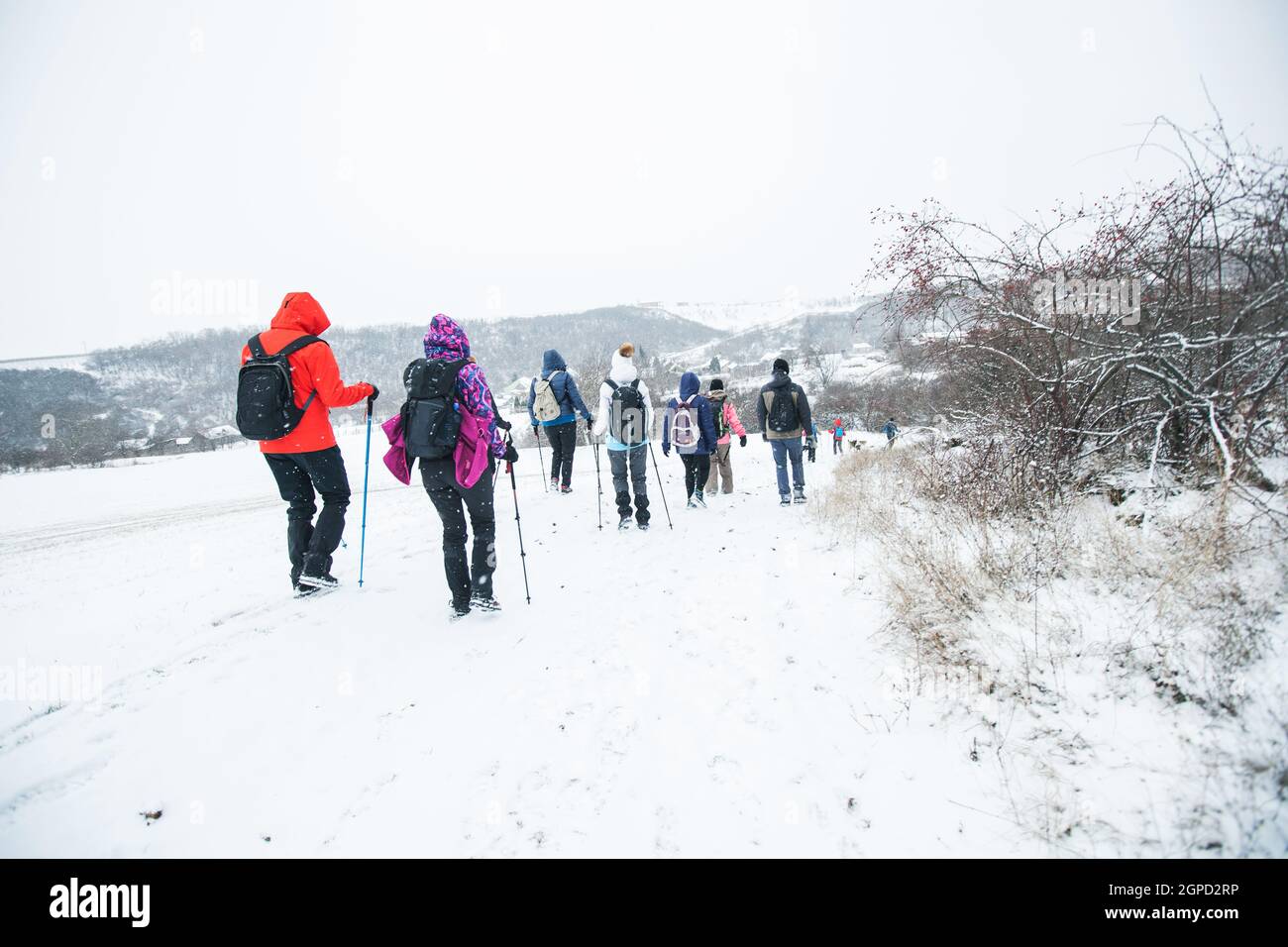 Group of hikers walking on the hike trail on snow winter day Stock ...