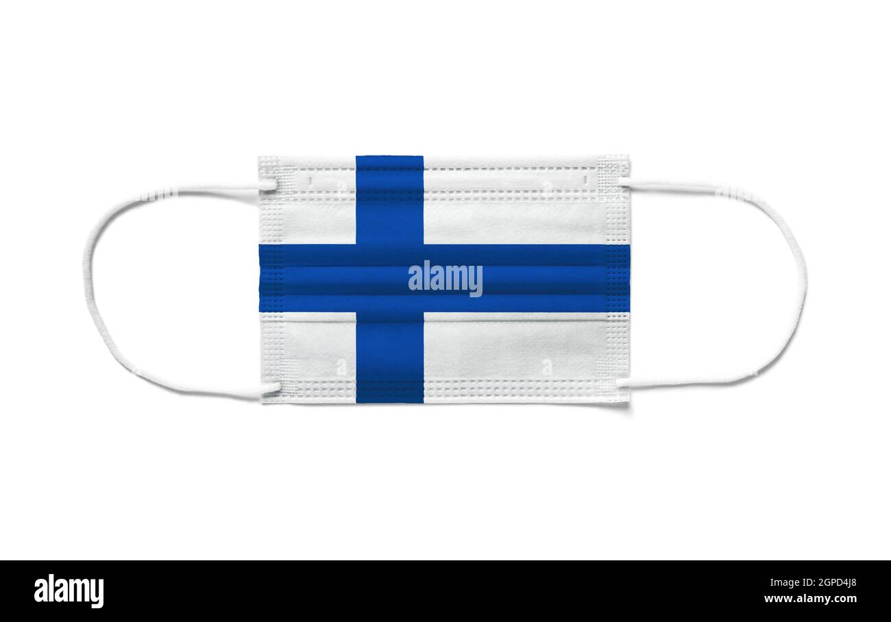 Flag of Finland on a disposable surgical mask. White background ...