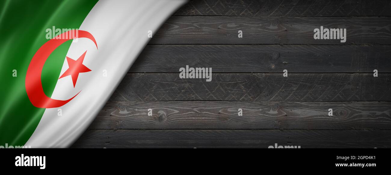 Algeria flag on black wood wall. Horizontal panoramic banner Stock ...
