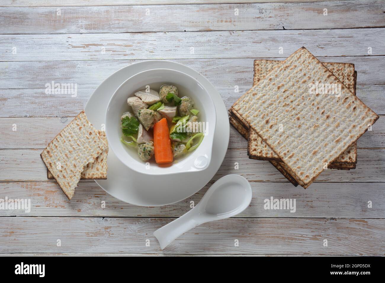 Chicken Matzo ball soup with carrots in the bowl. Jewish traditional ...