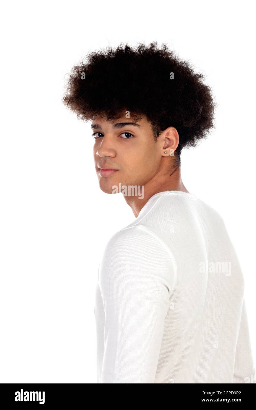 Teenager boy with afro hairstyle isolated on a white background Stock ...