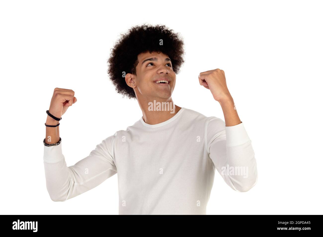 Happy afro guy celebrating something isolated on a white background ...
