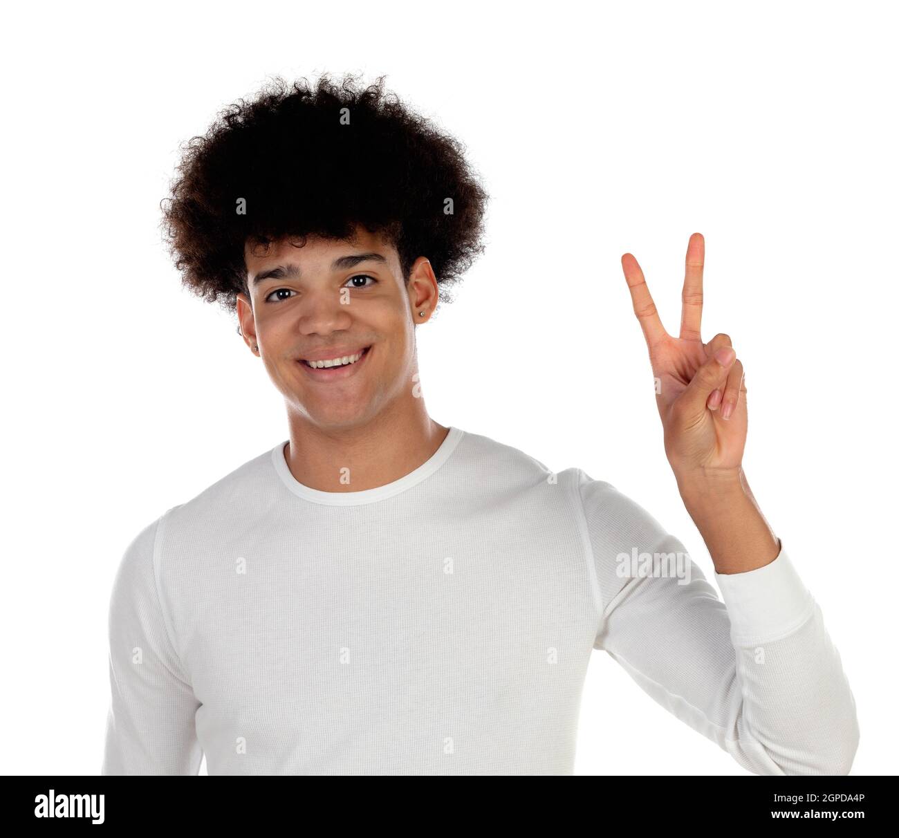 Happy afro guy doing the victory symbol isolated on a white background ...