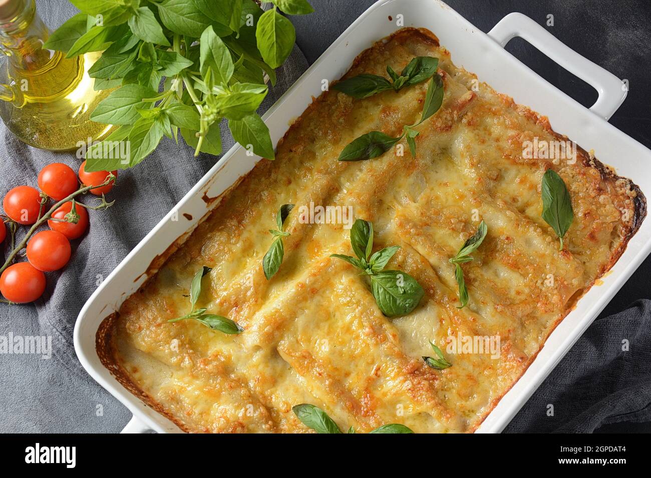Cannelloni pasta stuffed with spinach, mushrooms,ricotta and sauce ...