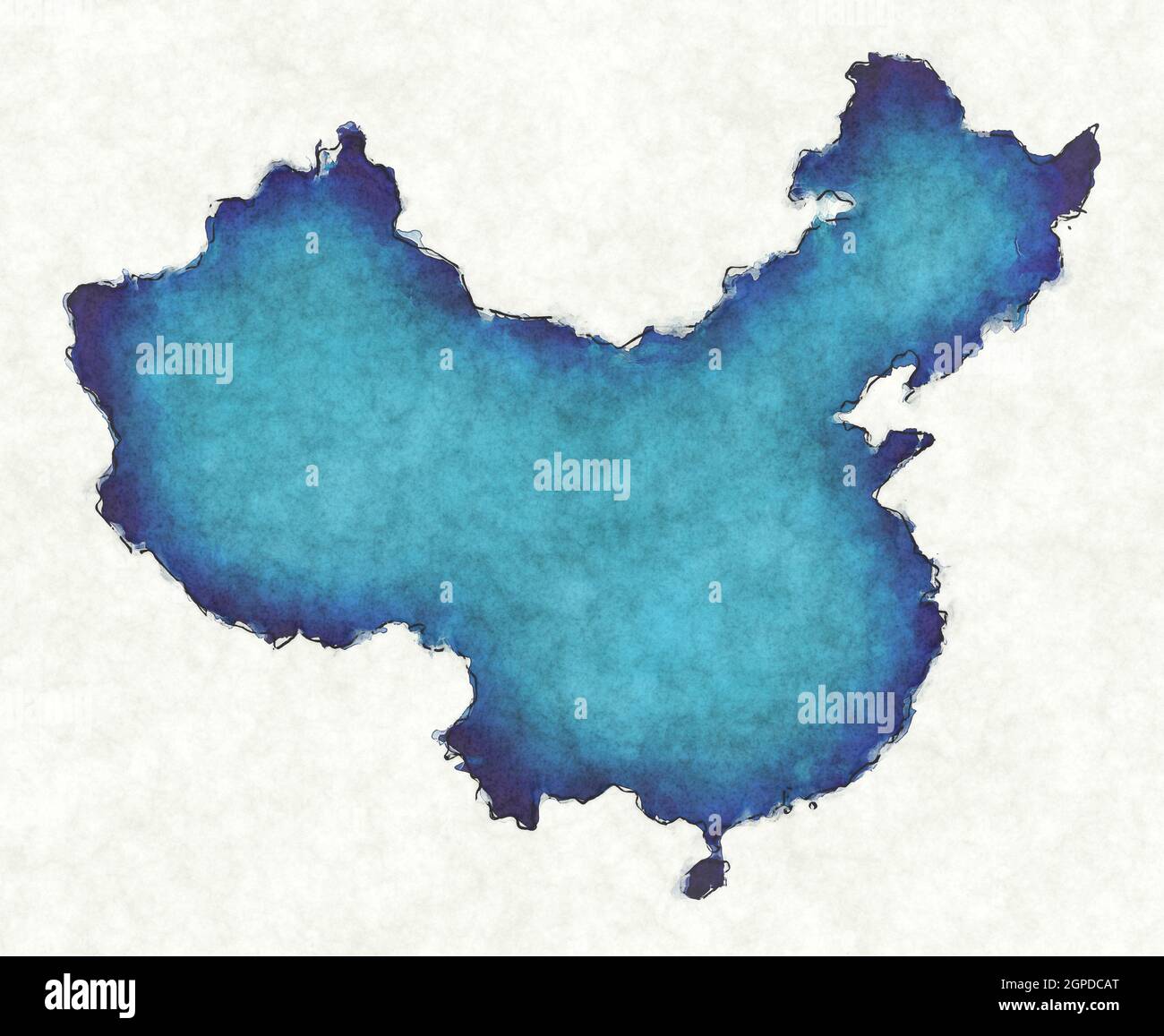 China map with drawn lines and blue watercolor illustration Stock Photo ...