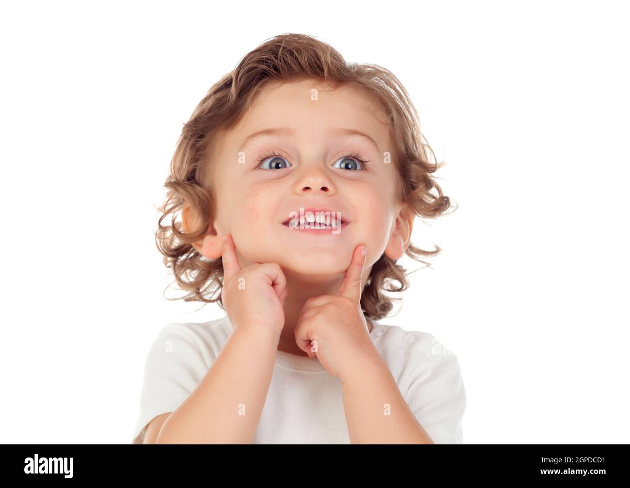 Cute baby boy indicating his smile isolated on a white background Stock ...