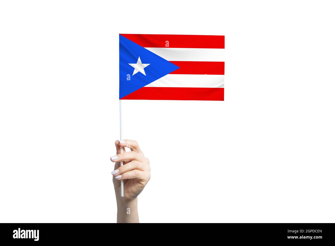 Beautiful female hand holding Puerto Rico flag, isolated on white ...