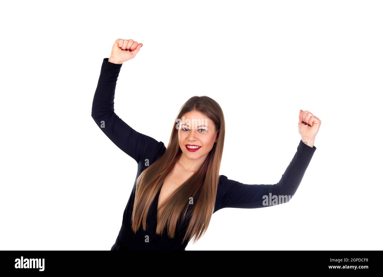 Pretty blonde girl with arms up celebrating something isolated on white ...