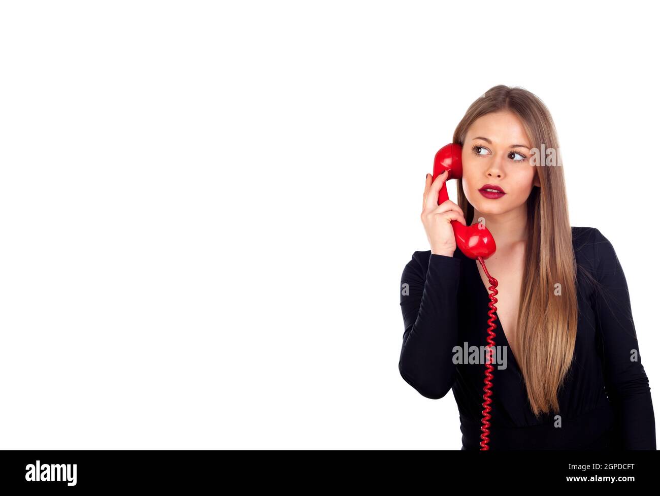 Stylish woman with a red phone isolated on a white background Stock ...