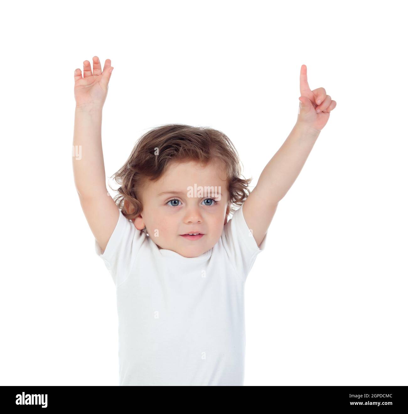 Adorable baby with his hands raised asking for the word isolated on a ...