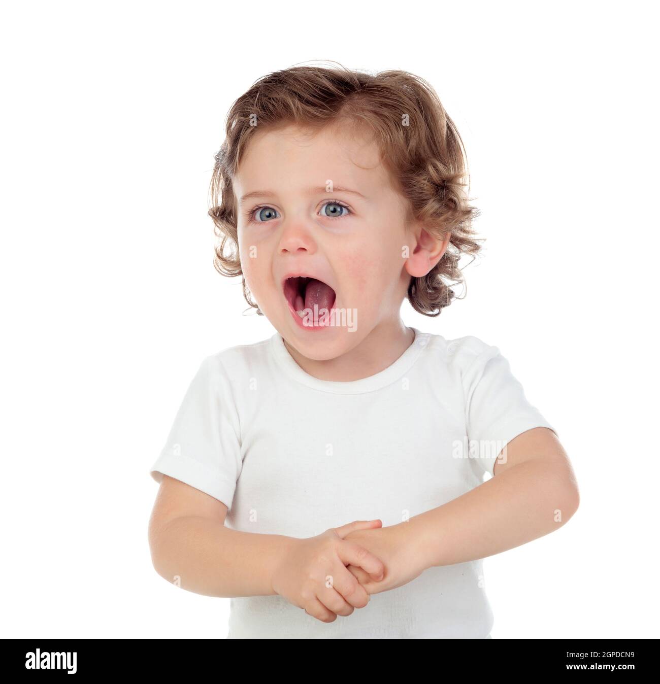 Adorable baby learning to speak isolated on a white background Stock ...