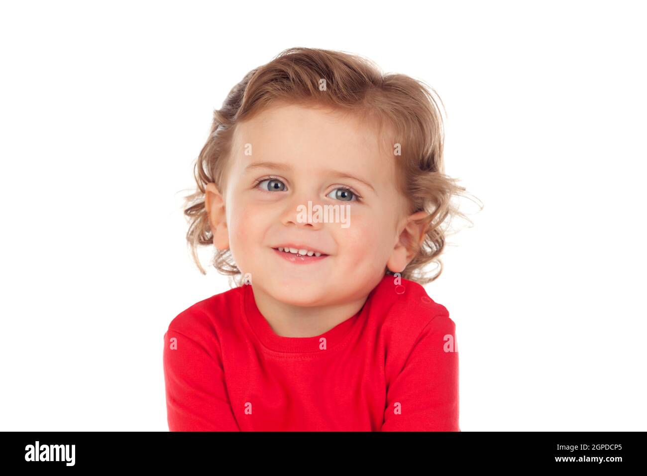 Adorable baby with curly hair isolated on a white background Stock ...