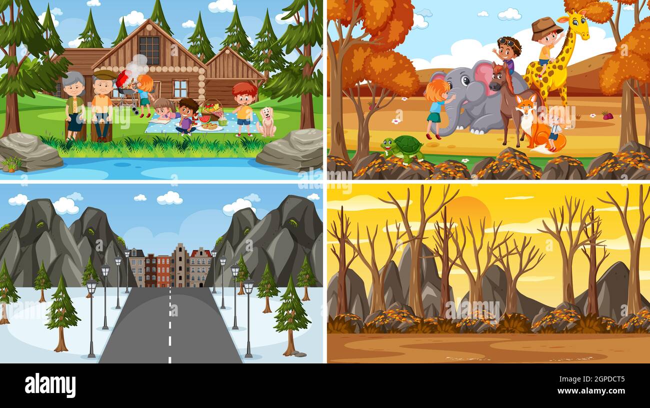 Four different scenes with children cartoon character illustration ...