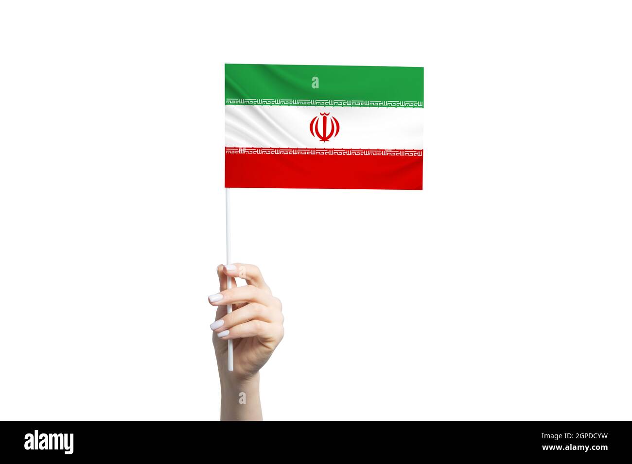 Beautiful female hand holding Iran flag, isolated on white background ...