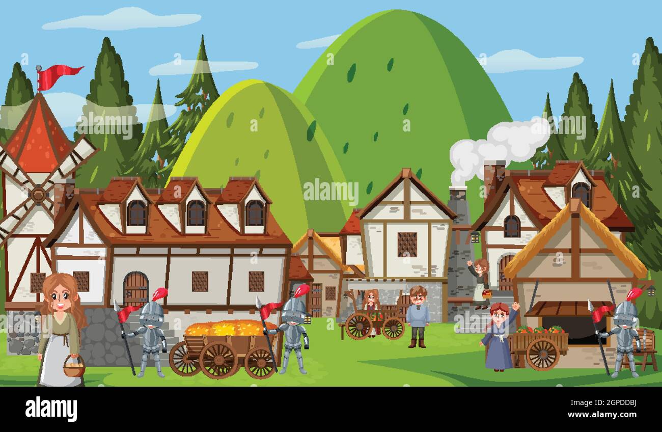 Medieval town scene with villagers illustration Stock Vector Image ...