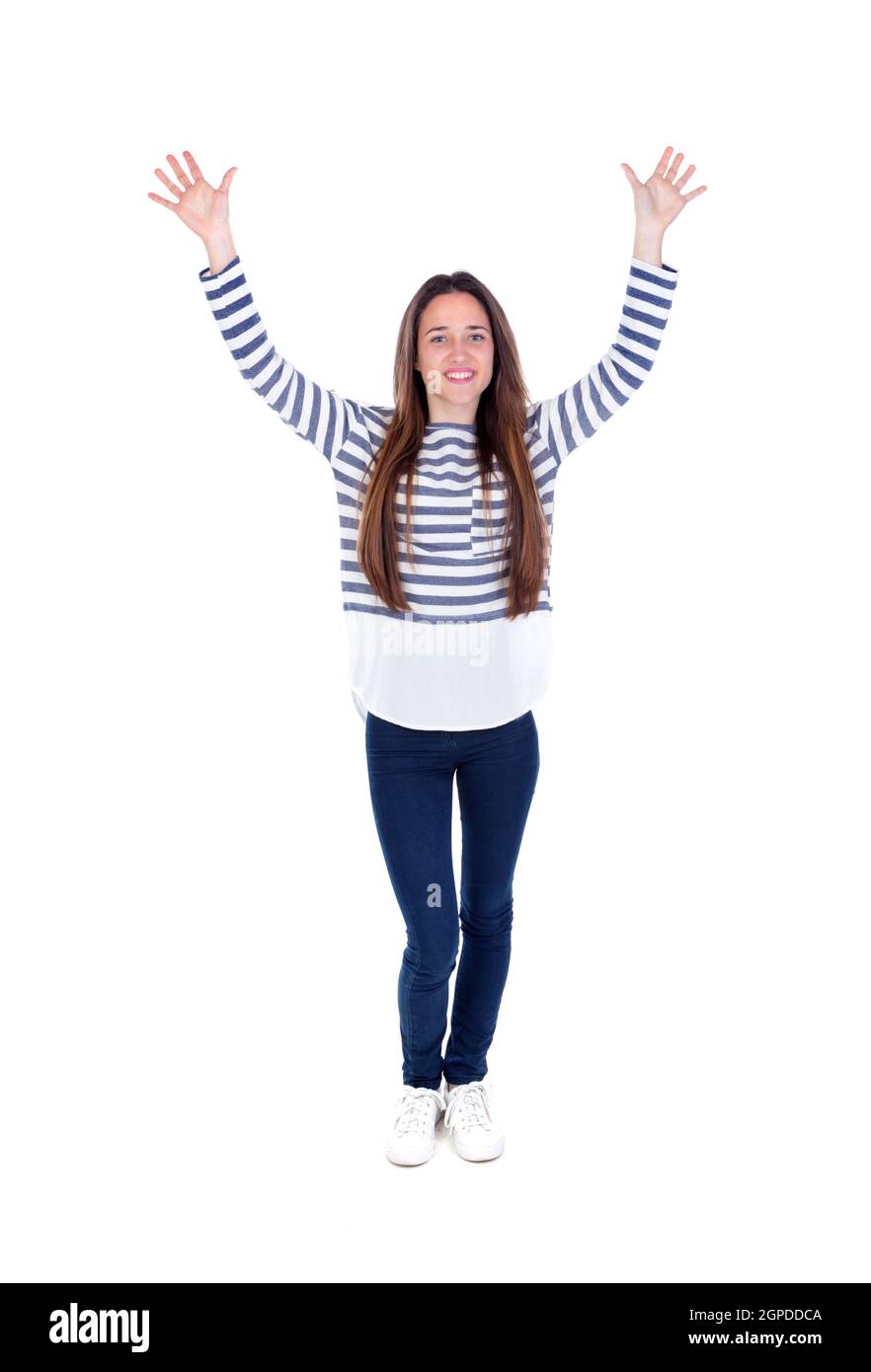 Happy teenager girl celebrating something leaving her hands isolated on ...