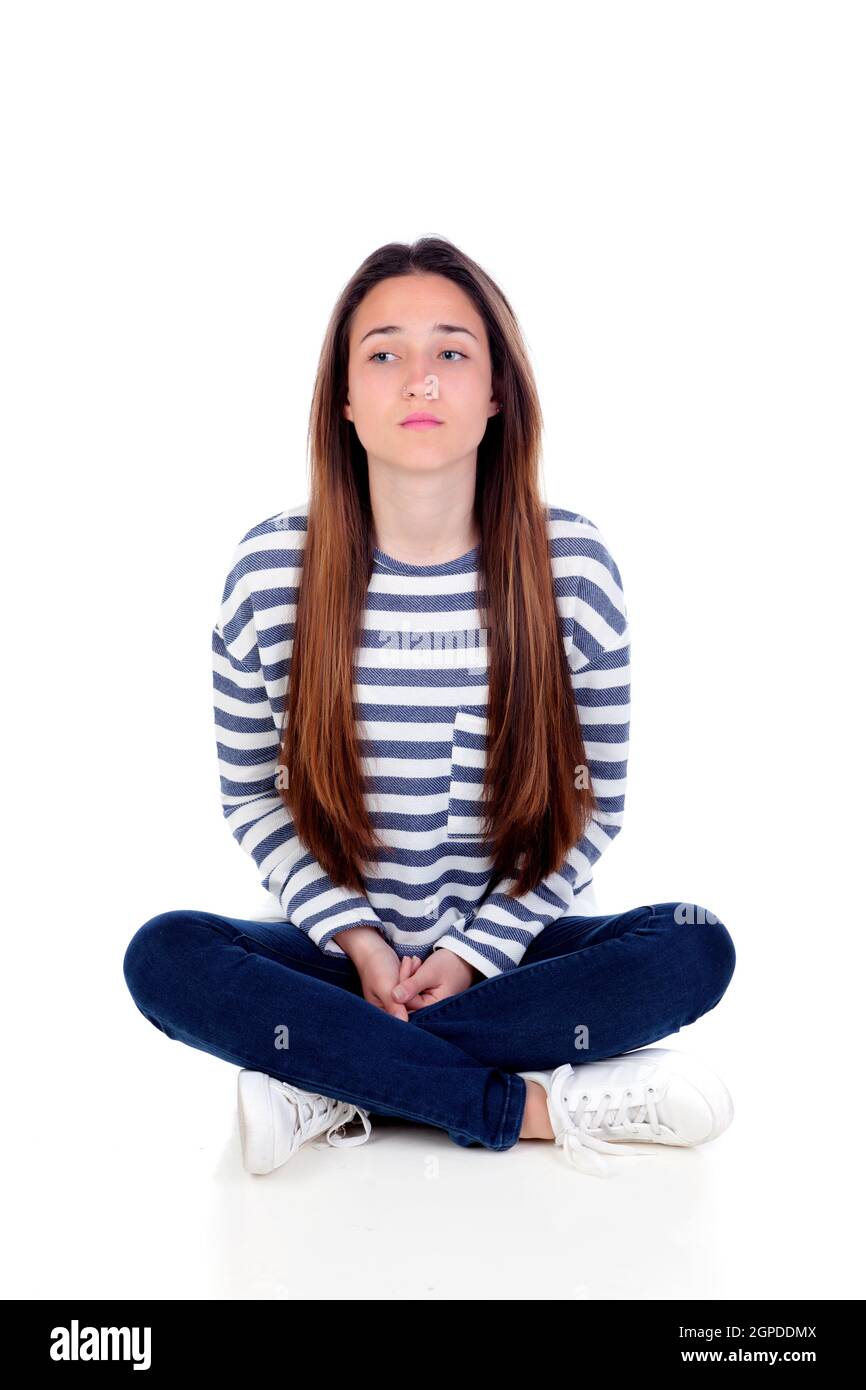 Happy teenager girl celebrating something leaving her hands isolated on ...