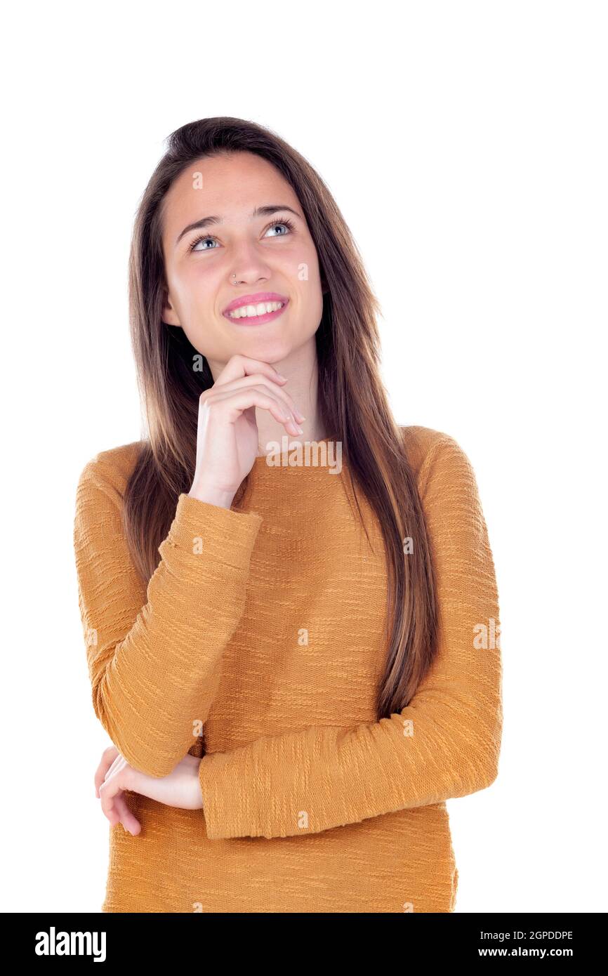 Pensive teenager girl isolated on a white background Stock Photo - Alamy