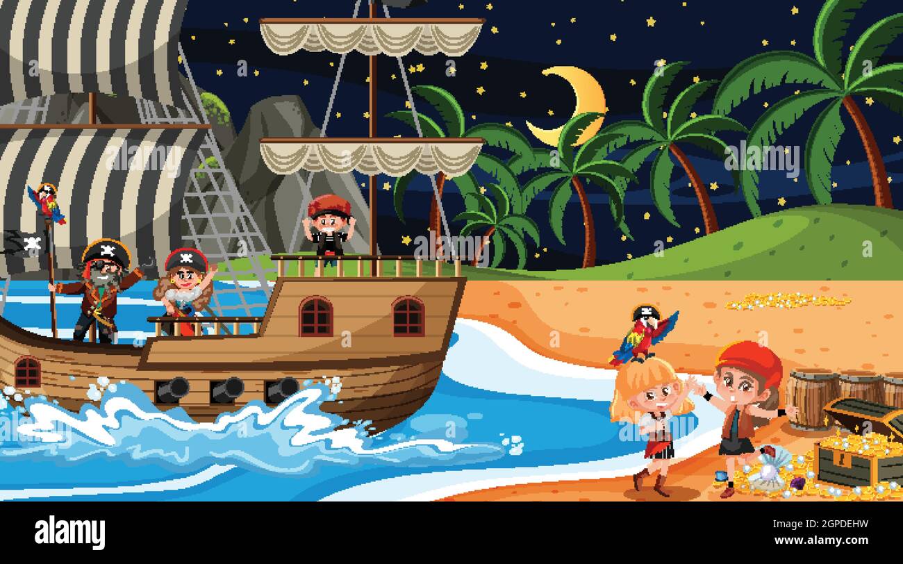 Treasure Island scene at night with Pirate kids on the ship ...