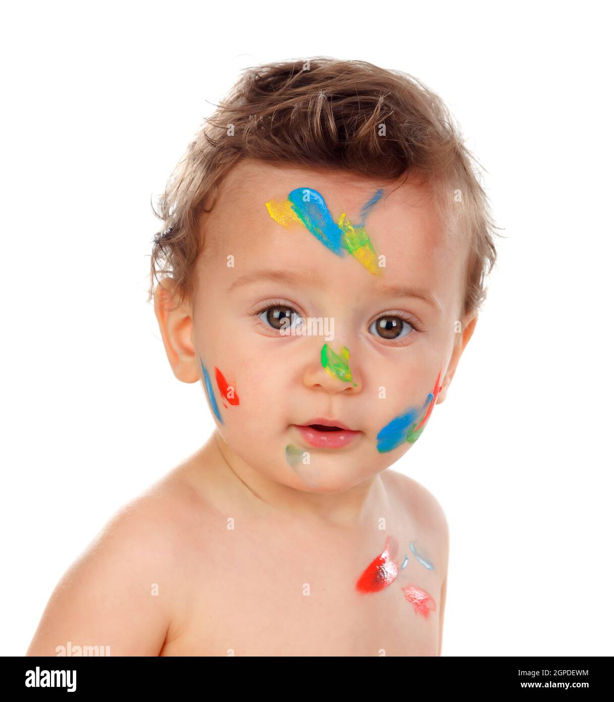 Funny child dirty with paint isolated on a white background Stock Photo ...