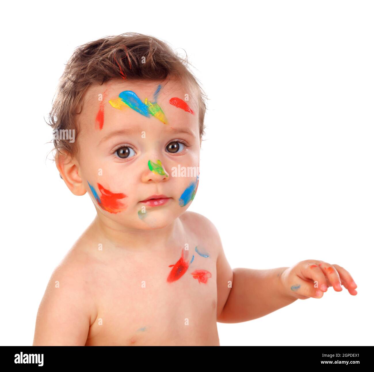 Funny child dirty with paint isolated on a white background Stock Photo ...
