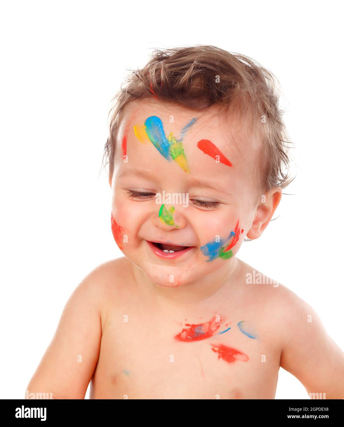 Funny child dirty with paint isolated on a white background Stock Photo ...