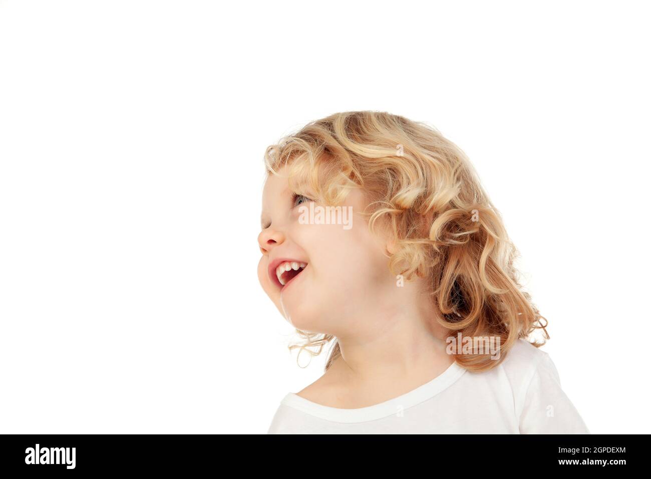 Beautiful little child looking up isolated on a white background Stock ...