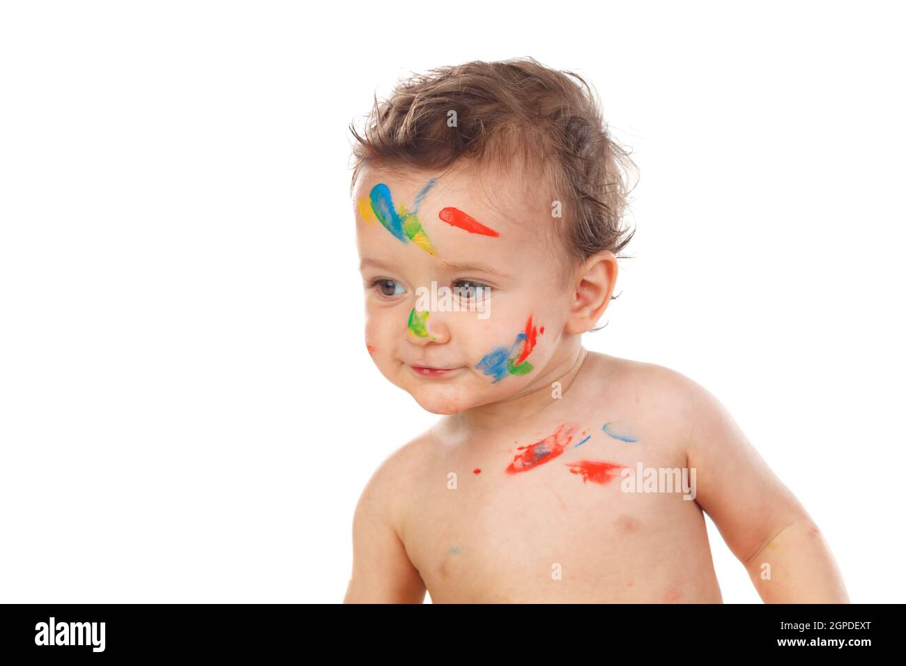Funny child dirty with paint isolated on a white background Stock Photo ...