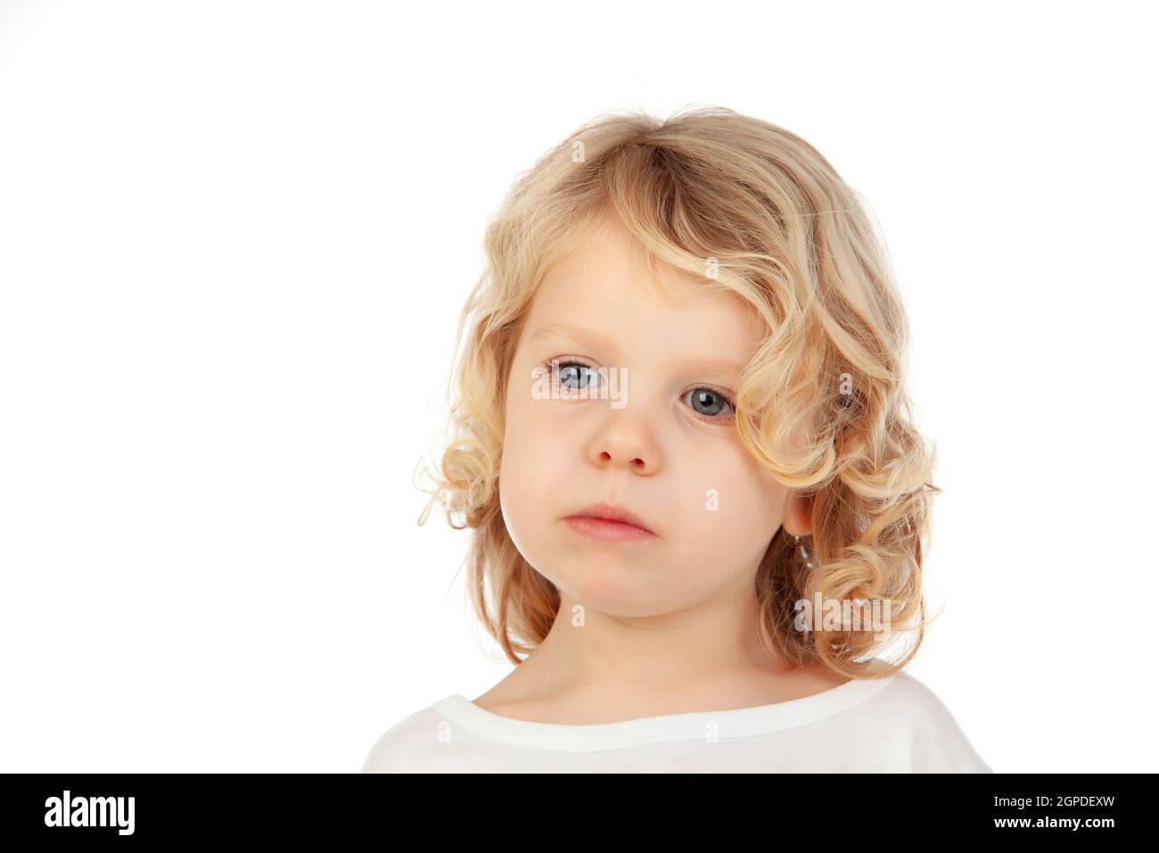 Happy blond child with long hair isolated on a white background Stock ...