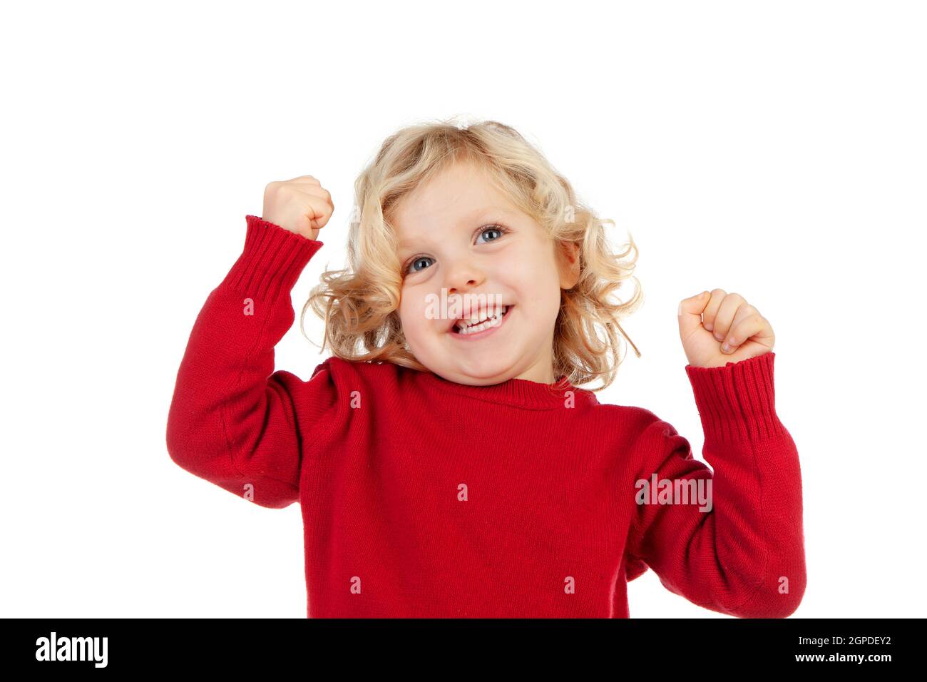 Happy small kid raising his arms isolated on a white background Stock ...