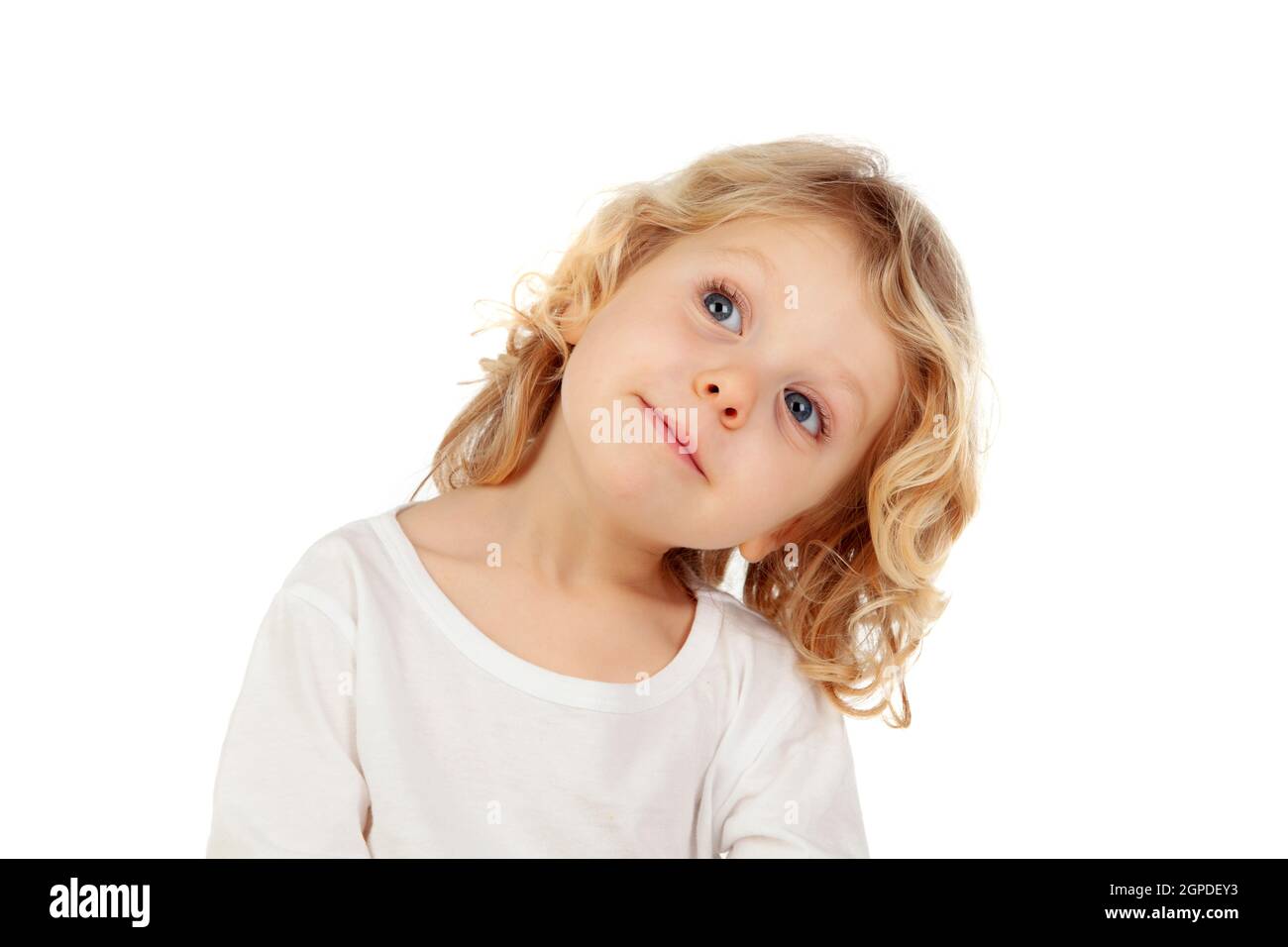 Beautiful little child looking up isolated on a white background Stock ...