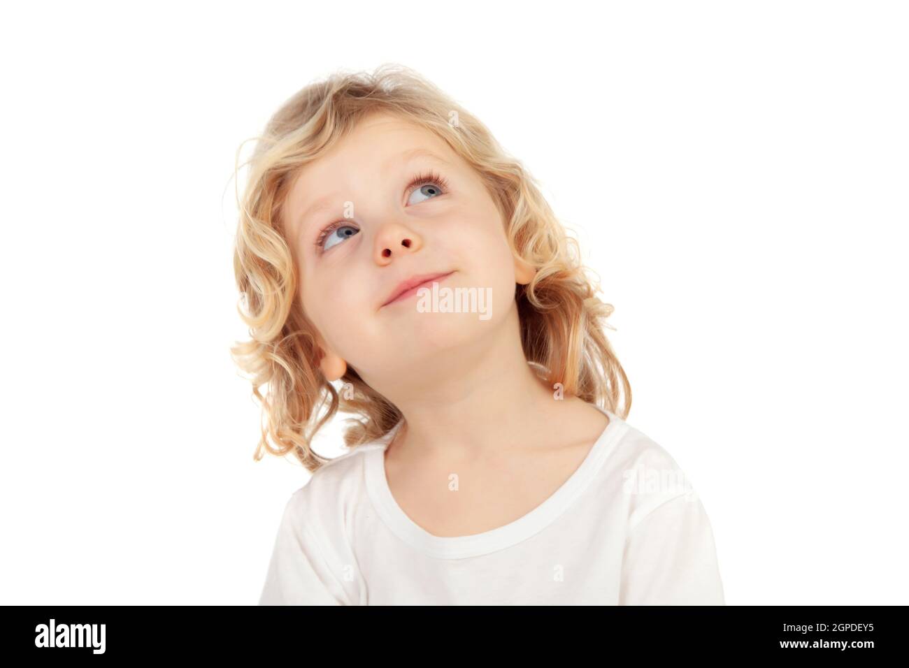 Beautiful little child looking up isolated on a white background Stock ...