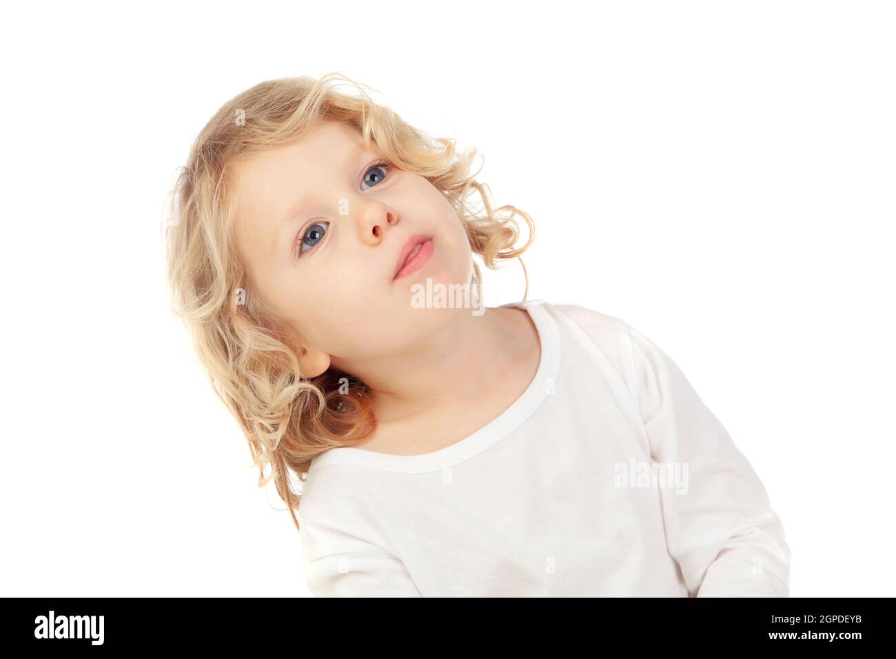 Beautiful little child looking up isolated on a white background Stock ...