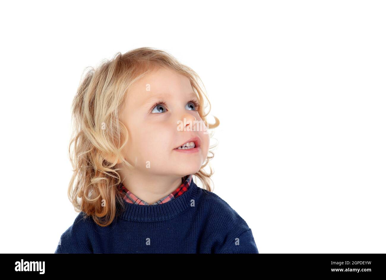Beautiful little child looking up isolated on a white background Stock ...