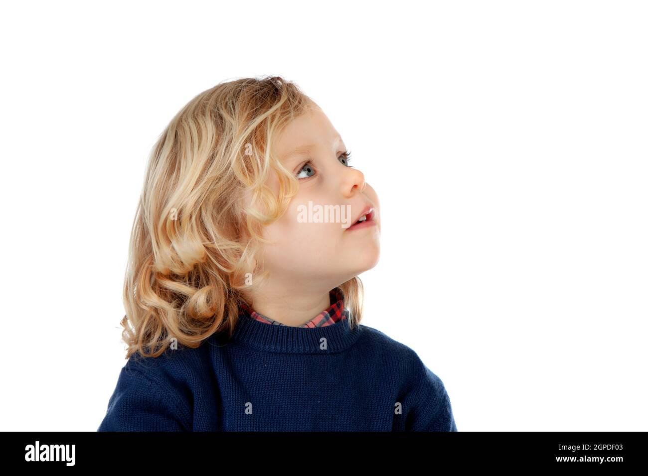 Beautiful little child looking up isolated on a white background Stock ...