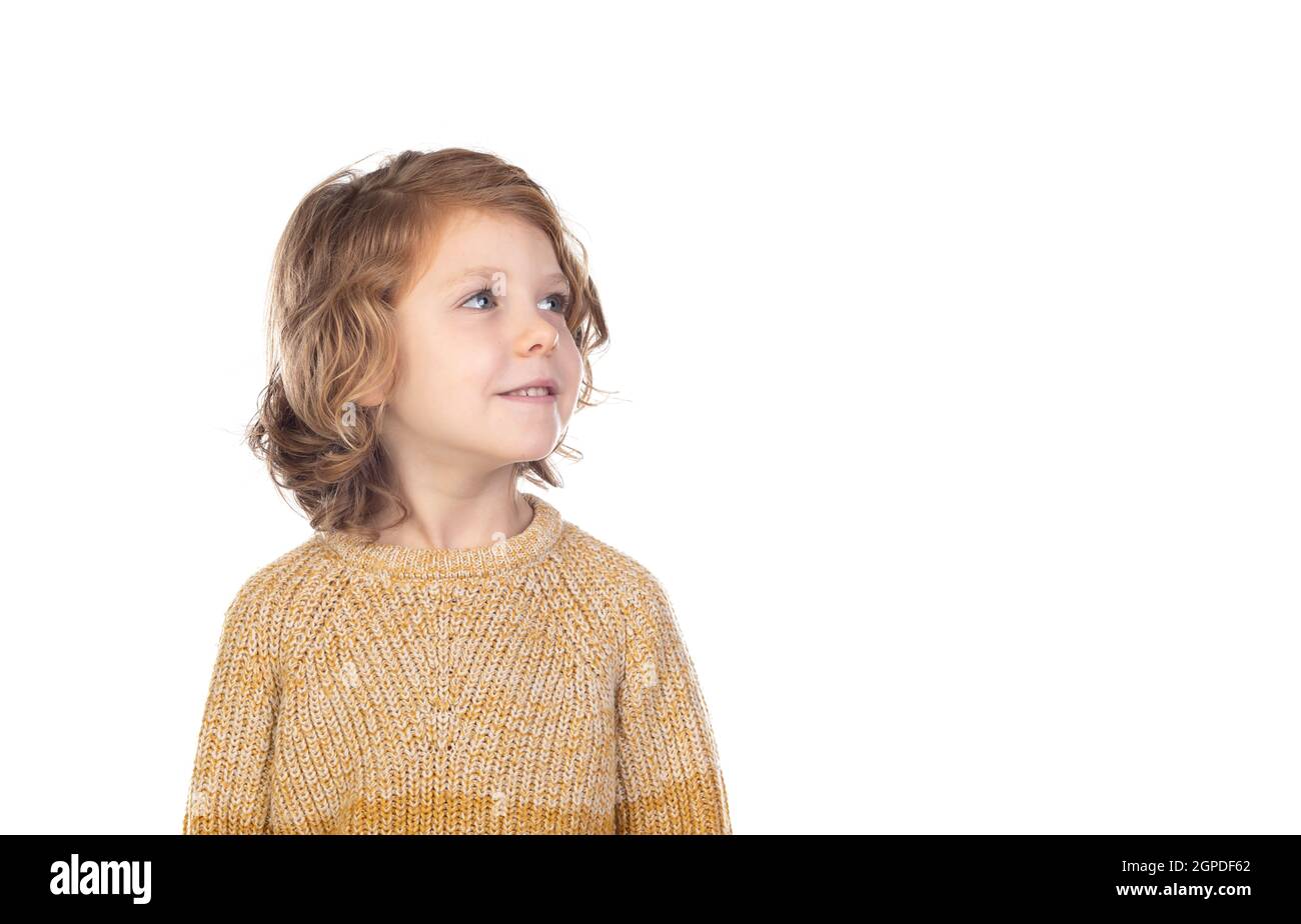 Pensive cute child isolated on a white background Stock Photo - Alamy