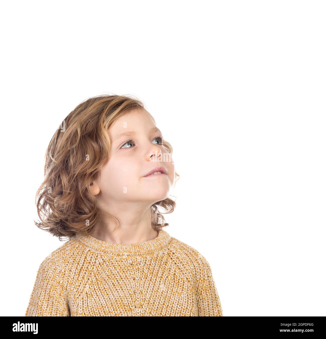 Pensive cute child isolated on a white background Stock Photo - Alamy